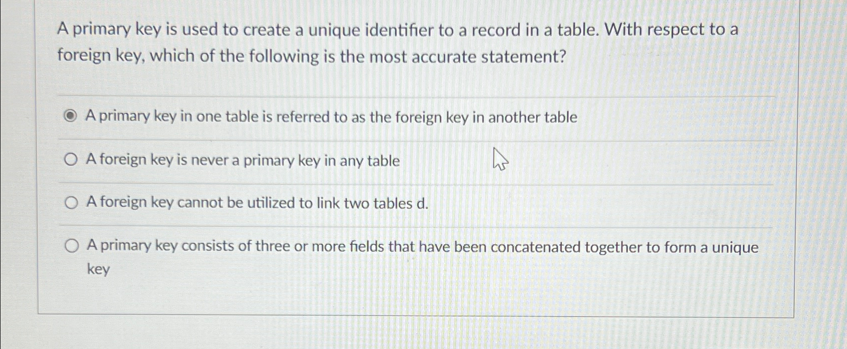 Solved A primary key is used to create a unique identifier | Chegg.com