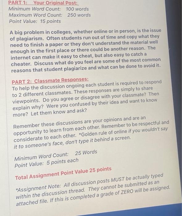 Solved PART 1: Your Original Post: Minimum Word Count: 100 | Chegg.com