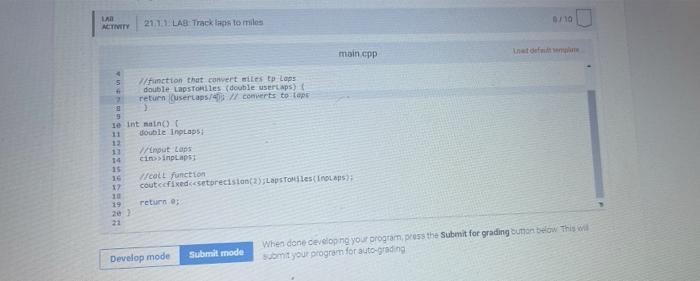 Solved 21.1 LAB: Track laps to miles One lap around a | Chegg.com