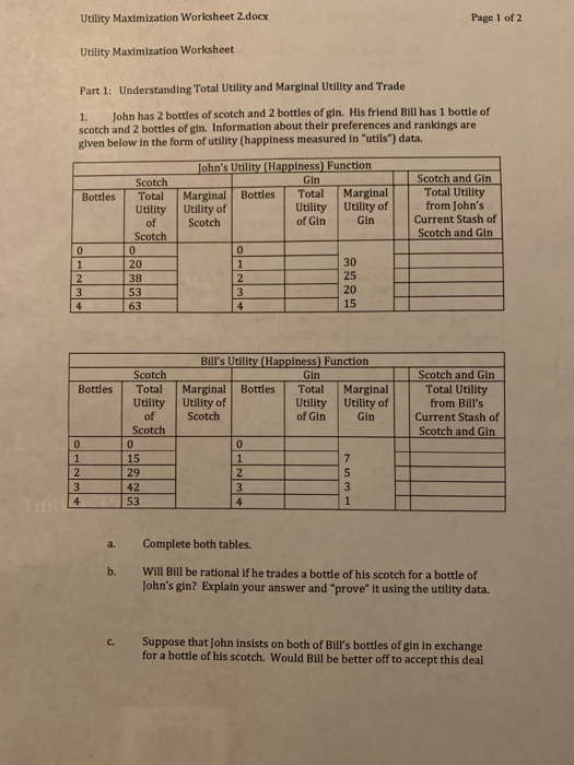 Solved Utility Maximization Worksheet 2.docx Page 1 of 2 | Chegg.com