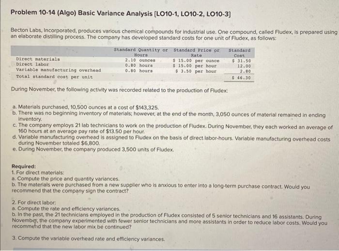 Solved Problem 10-14 (Algo) Basic Variance Analysis [LO10-1, | Chegg.com Solved Problem 10-14 (Algo) Basic Variance Analysis [LO10-1, | Chegg.com