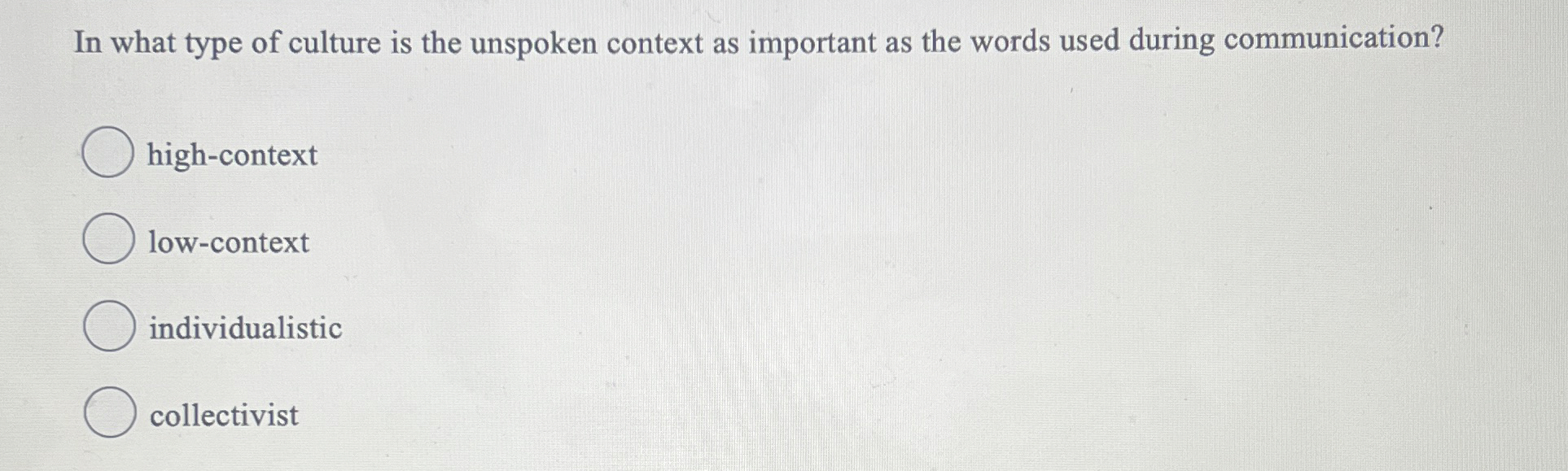 Solved In what type of culture is the unspoken context as | Chegg.com