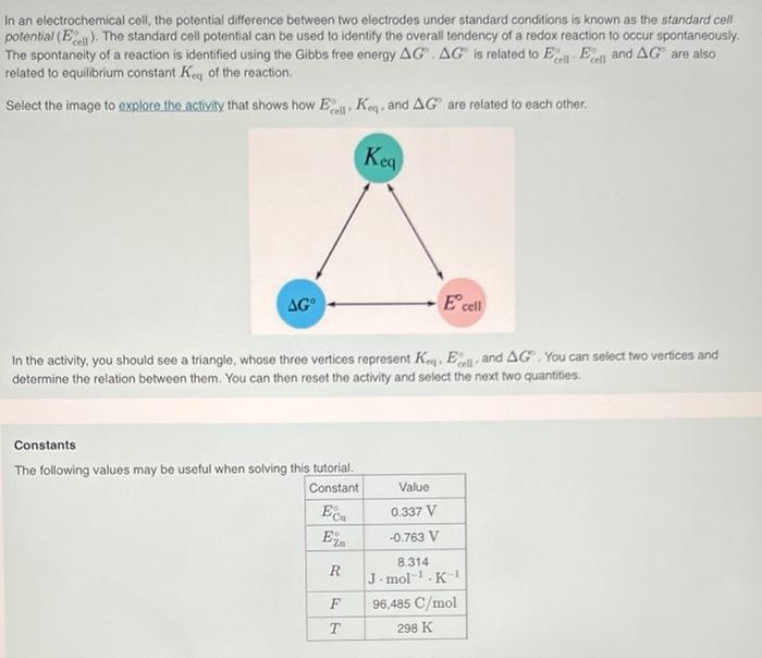 Solved In an electrochemical cell, the potential difference | Chegg.com