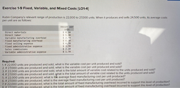 Solved Exercise 1-9 Fixed, Variable, and Mixed Costs (L01-4) | Chegg.com