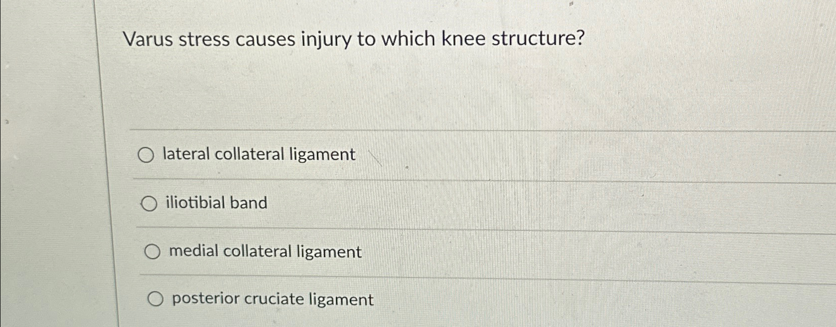 Solved Varus stress causes injury to which knee | Chegg.com