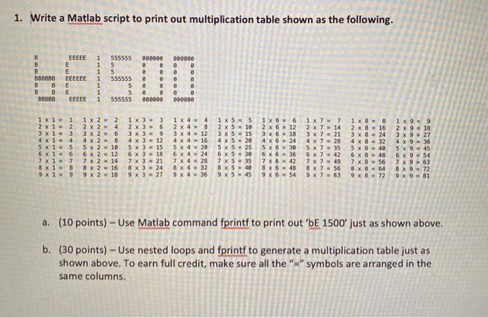 Solved 1. Write a Matlab script to print out multiplication | Chegg.com
