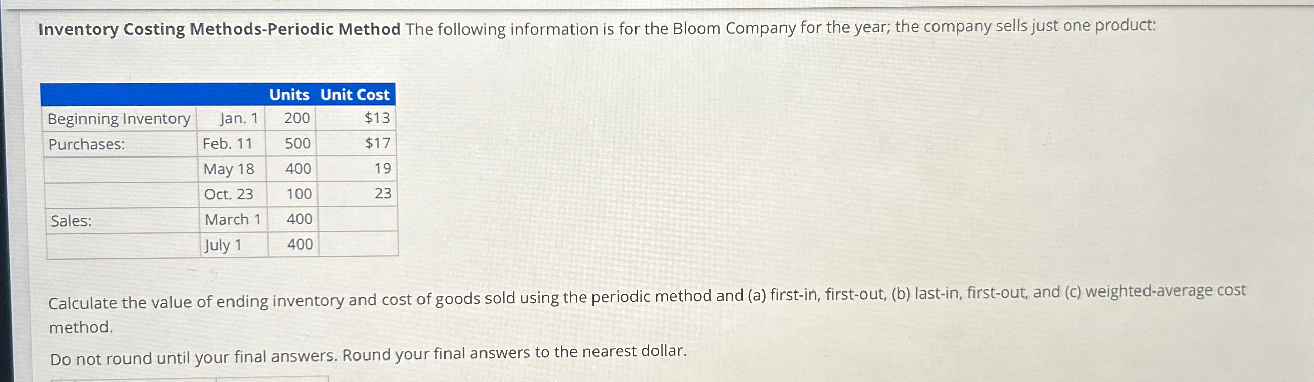 Solved Inventory Costing Methods-Periodic Method The | Chegg.com