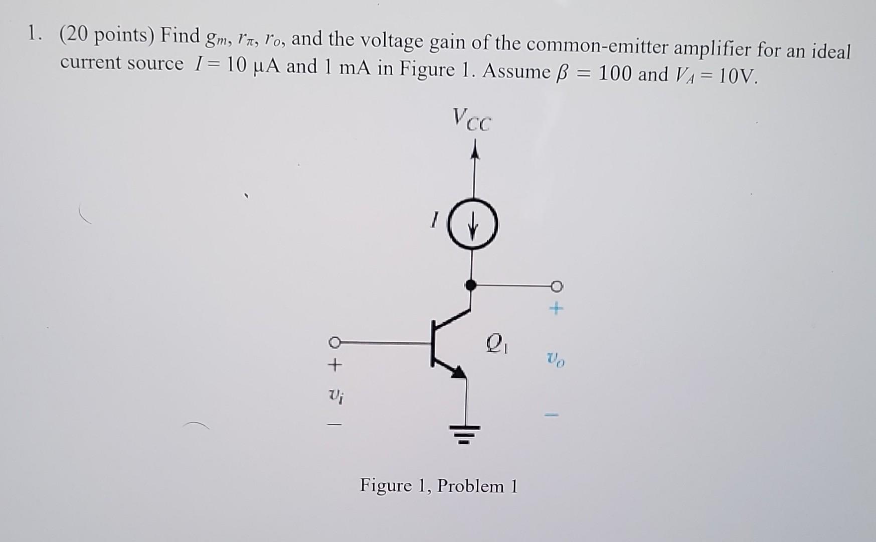 Solved 1. (20 points) Find gm,rπ,ro, and the voltage gain of | Chegg.com