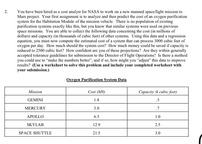 Solved 2. You have been hired as a cost analyst for NASA to | Chegg.com