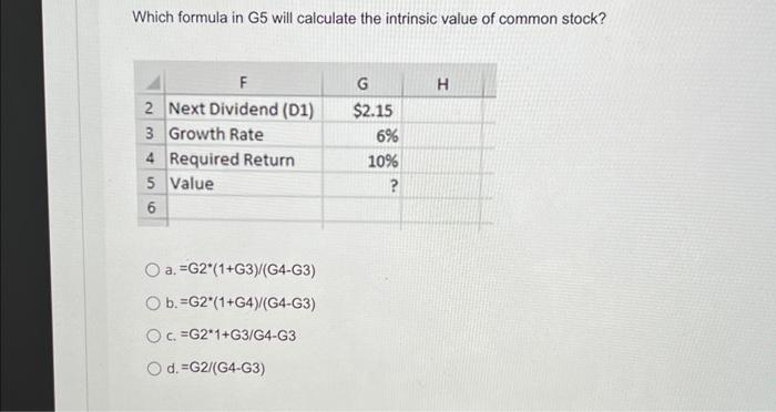 Solved Which formula in G5 will calculate the intrinsic | Chegg.com