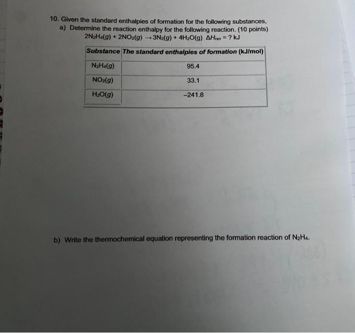 Solved 10 Given The Standard Enthalpies Of Formation For