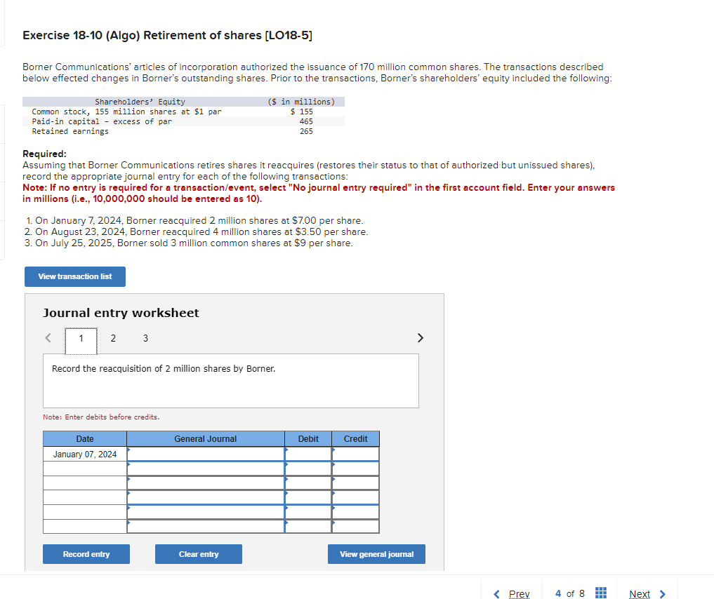 Solved Exercise 18-10 (Algo) ﻿Retirement of shares | Chegg.com