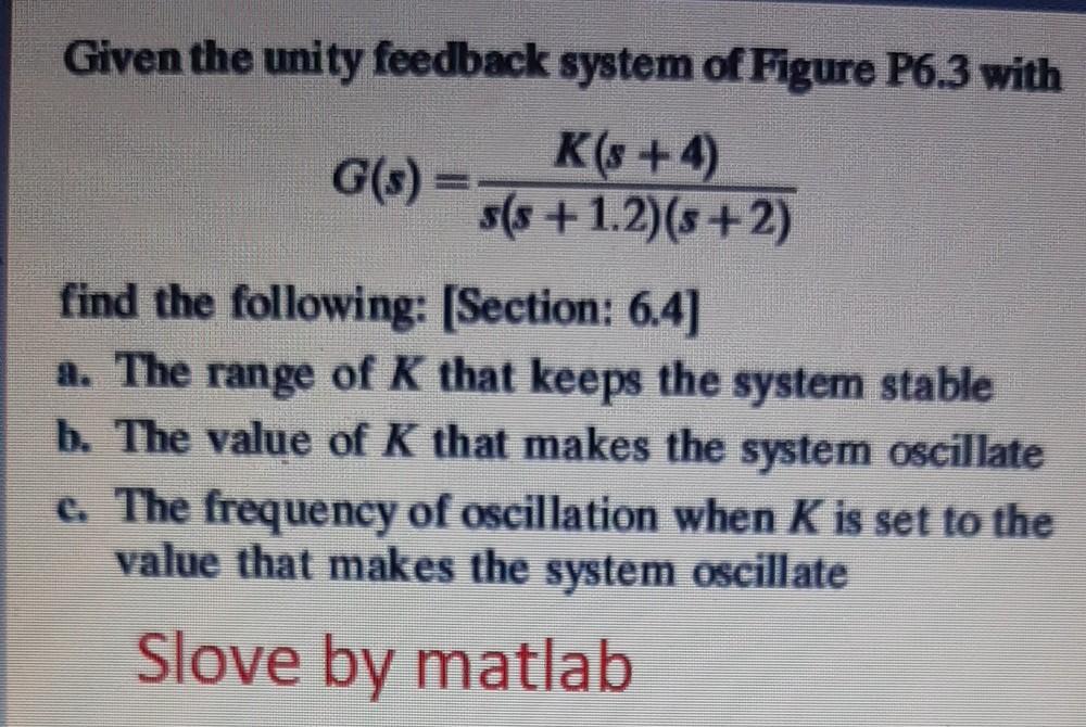 Solved Given the unity feedback system of Figure P6.3 with | Chegg.com