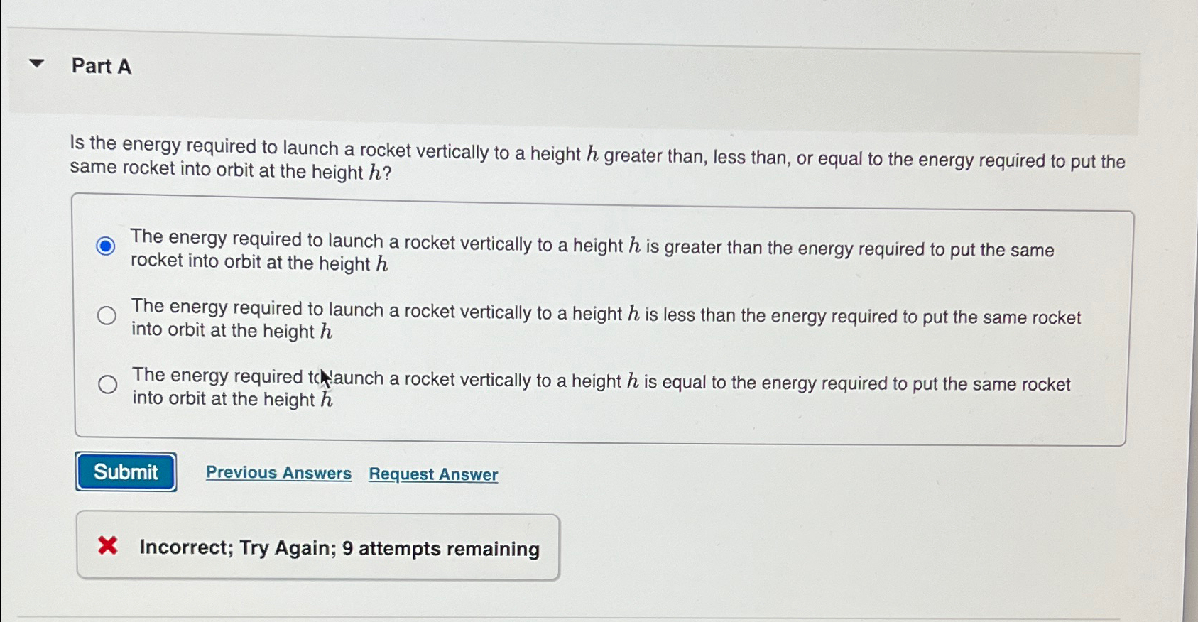 Solved Part AIs the energy required to launch a rocket | Chegg.com
