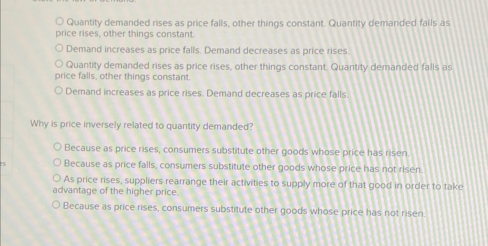 Solved Quantity demanded rises as price falls, other things | Chegg.com