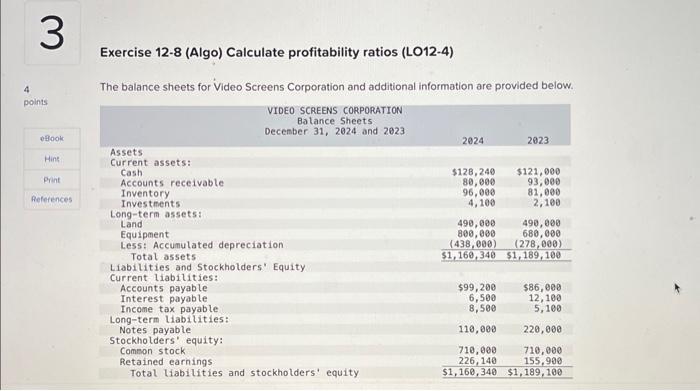 Solved Exercise 12−8 (Algo) Calculate profitability ratios | Chegg.com