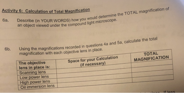 Activity 6: Calculation of Total Magnification 6a. | Chegg.com