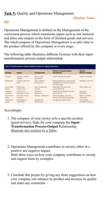 Solved Task 5: Quality and Operations Management (Student | Chegg.com