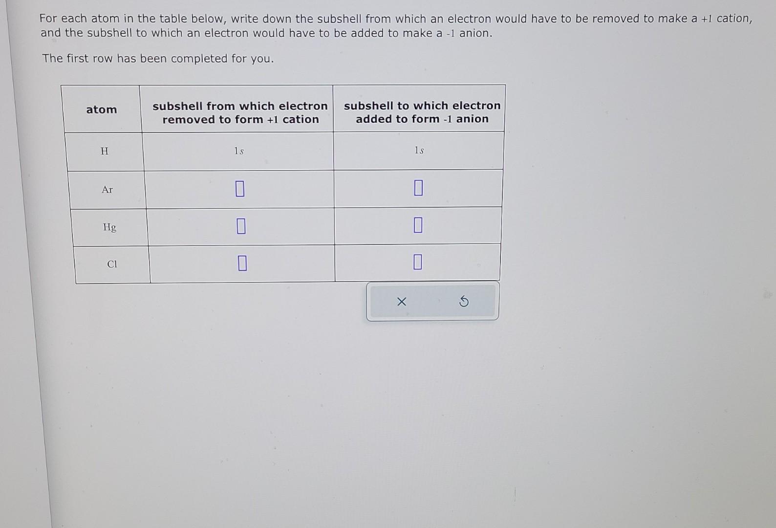 Solved For each atom in the table below, write down the | Chegg.com