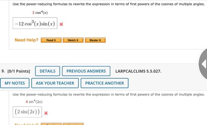 Solved Use the power-reducing formulas to rewrite the | Chegg.com