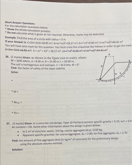 Solved Short Answer Questions For the calculation questions | Chegg.com