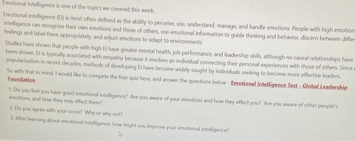 Solved Emotional Intelligence is one of the topics we | Chegg.com