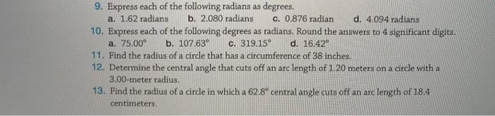 Solved 9. Express each of the following radians as degrees. | Chegg.com