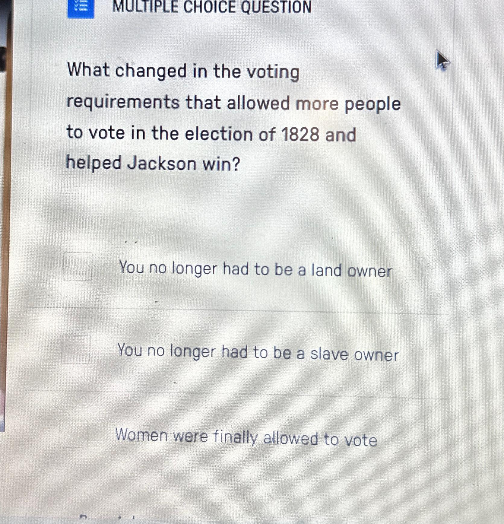 Solved MULTIPLE CHOICE QUESTIONWhat changed in the voting | Chegg.com