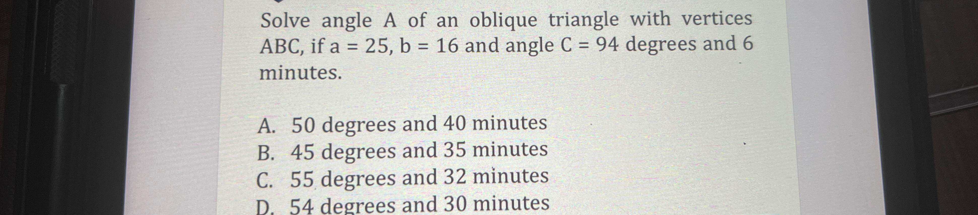 Solved Solve angle A ﻿of an oblique triangle with vertices | Chegg.com