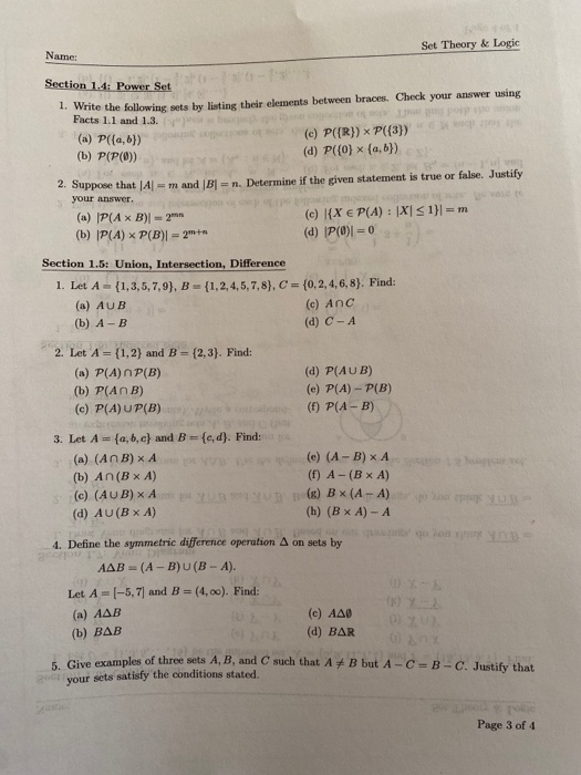 Set Theory & Logic Name: Section 1.4: Power Set 1. | Chegg.com