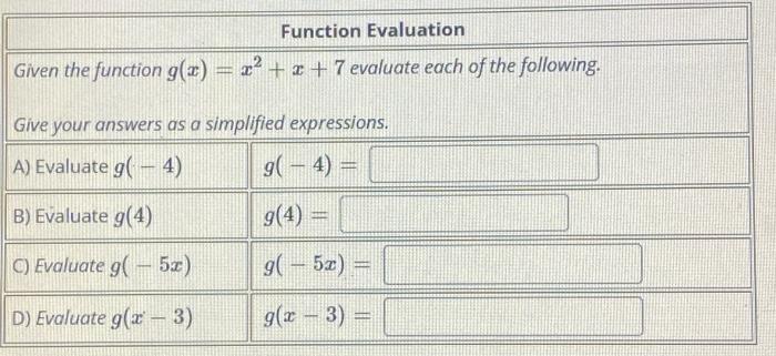Solved Function Evaluation Given the function g(x)=x2+x+7 | Chegg.com