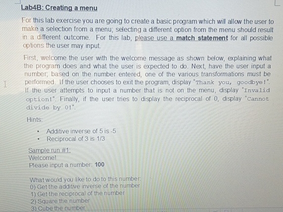 Solved Lab4B: Creating a menuFor this lab exercise you are | Chegg.com