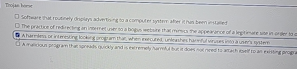 Solved Trojan horseSoftware that routinely displays | Chegg.com