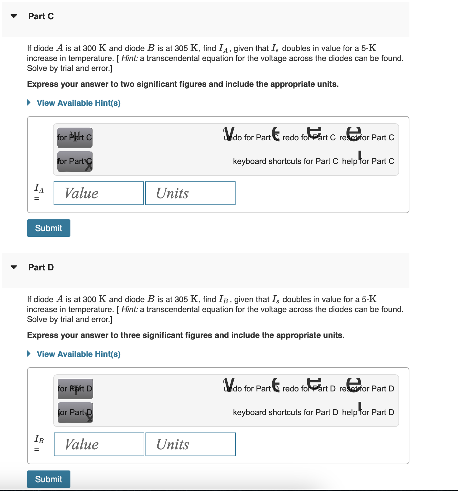 Solved Part CIf diode A is at 300 ﻿K and diode B is at 305 | Chegg.com