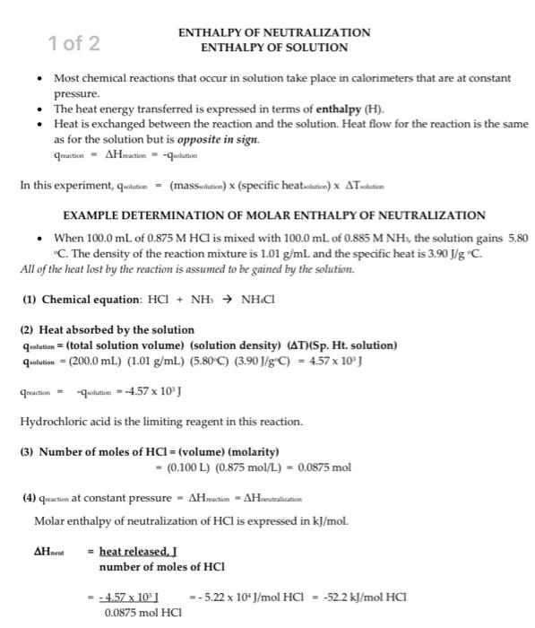 1 of 2 ENTHALPY OF NEUTRALIZATION ENTHALPY OF | Chegg.com