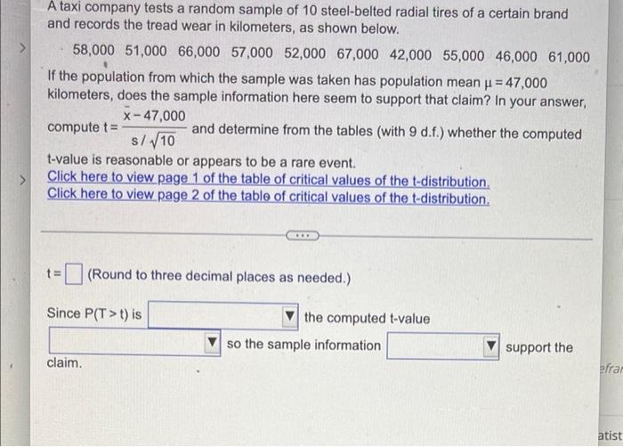 Solved A taxi company tests a random sample of 10 | Chegg.com