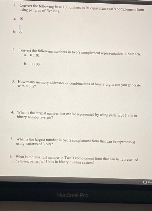 Solved 1. Convert the following base 10 numbers to its | Chegg.com