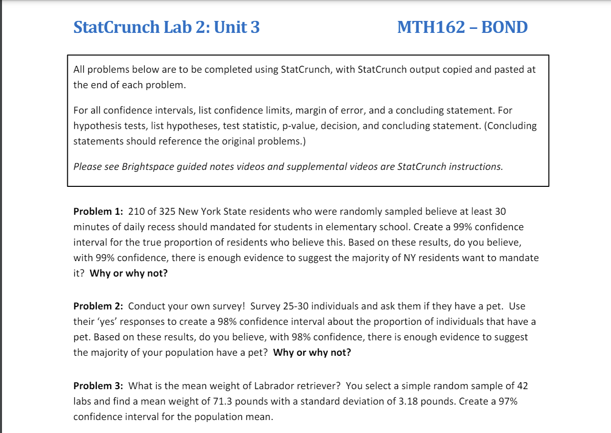 Solved StatCrunch Lab 2: Unit 3MTH162 - ﻿BONDAll problems | Chegg.com