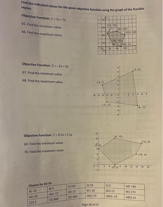 Solved Find The Indicated Values For The Given Objective
