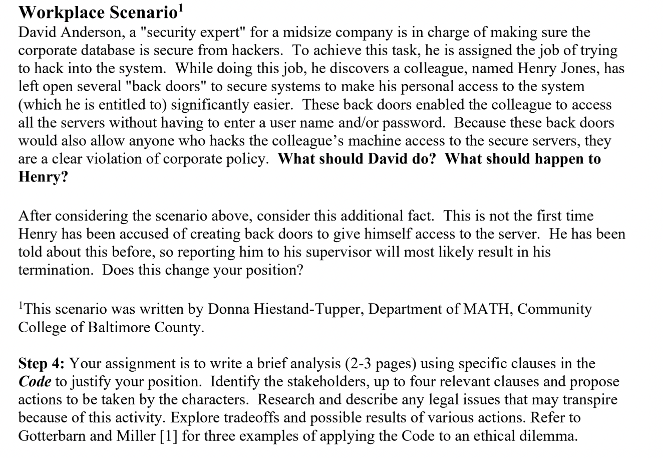 Solved Workplace Scenario ?1David Anderson, a "security | Chegg.com