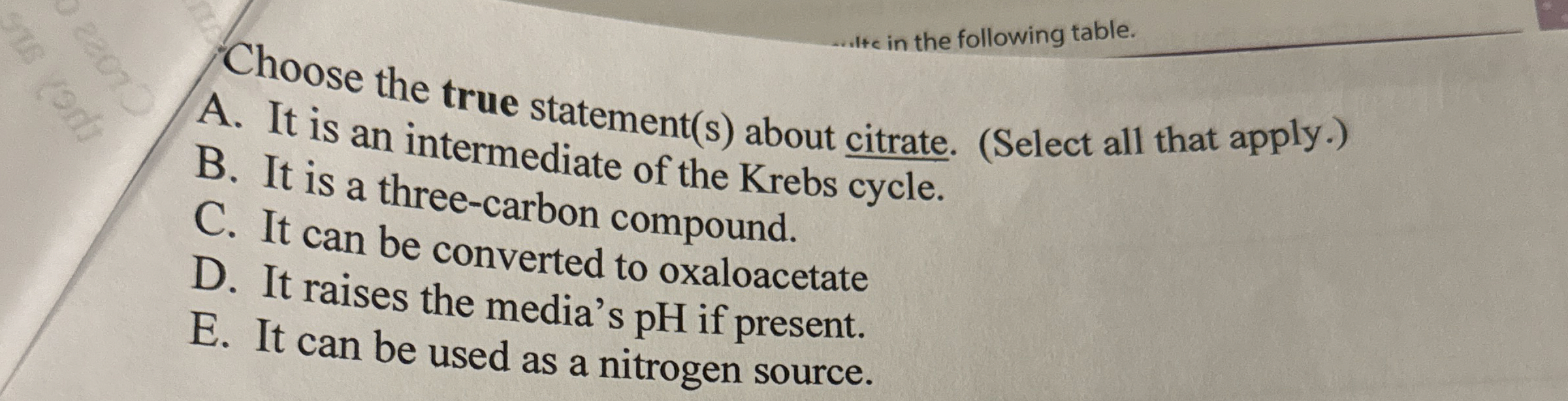 Solved Choose the true statement(s) ﻿about citrate. (Select | Chegg.com