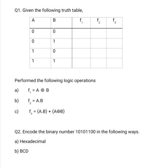 Solved Q1. Given the following truth table, A B f, 12 f N 0 | Chegg.com