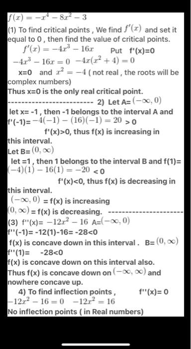 Solved (x) = -r- 8x2 - 3 (1) To find critical points, We | Chegg.com