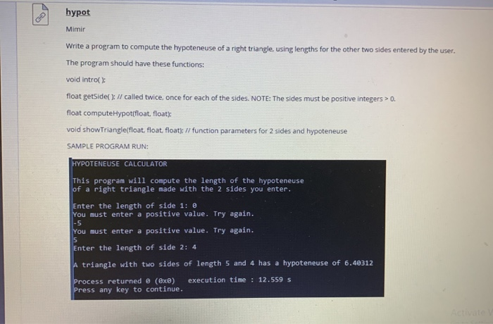 Solved Hypot Mimir Write A Program To Compute The