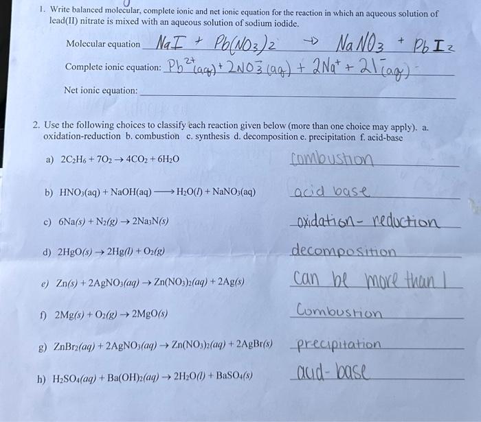 Solved 1. Write balanced molecular, complete ionic and net | Chegg.com