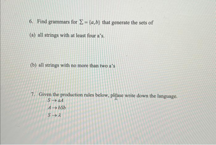 6. Find grammars for Σ={a,b} that generate the sets | Chegg.com
