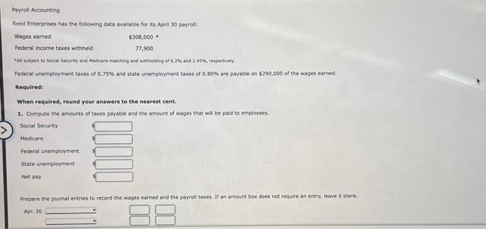Solved Payroll Accounting Reed Enterprises has the following | Chegg.com