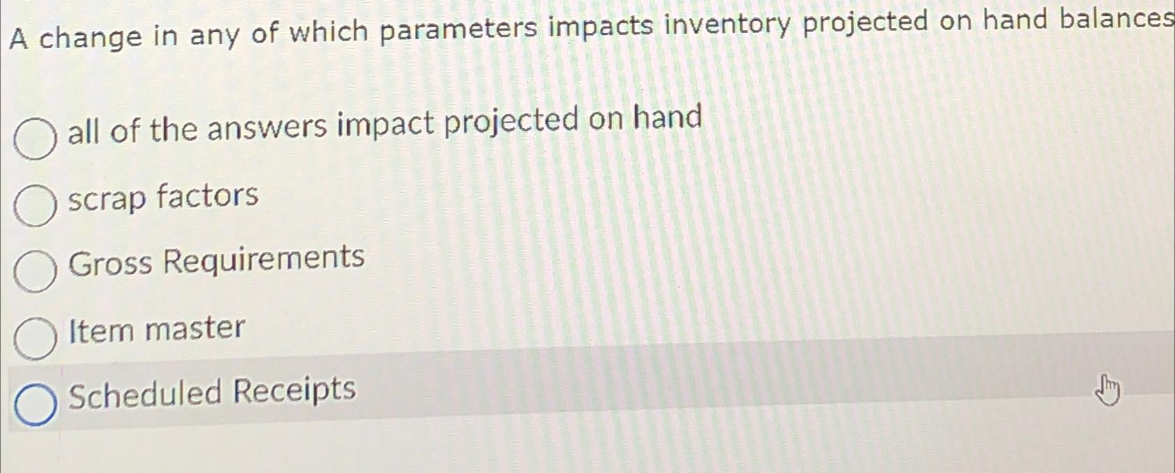 Solved A change in any of which parameters impacts inventory | Chegg.com