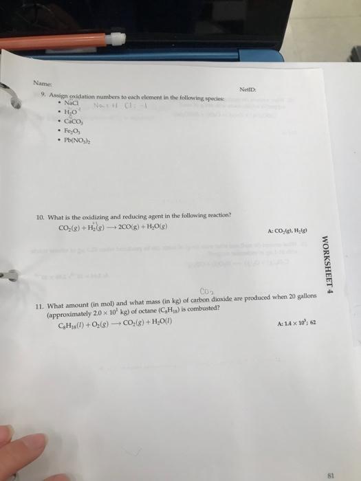 Solved NetiD: 9. Assign oxidation numbers to each element in | Chegg.com