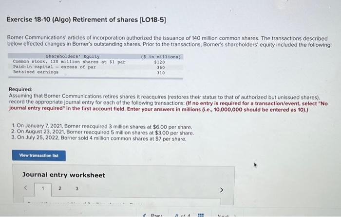 Solved Exercise 18−10 (Algo) Retirement of shares [LO18-5] | Chegg.com